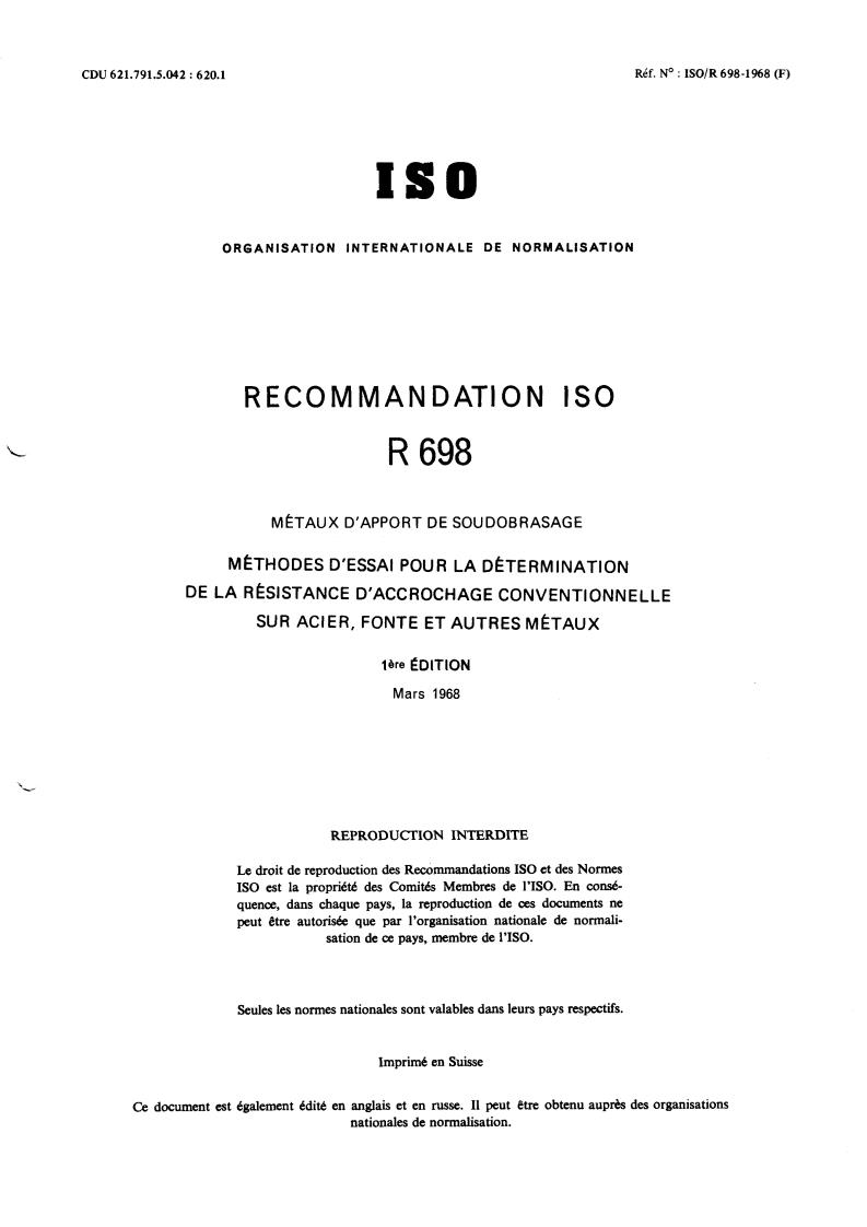ISO/R 698:1968 - Title missing - Legacy paper document