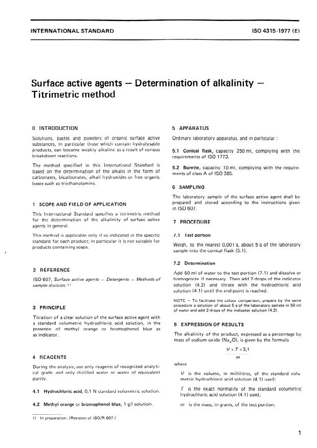 ISO 4315:1977 - Surface active agents — Determination of alkalinity — Titrimetric method