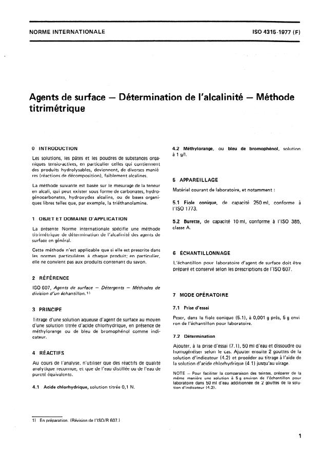 ISO 4315:1977 - Surface active agents — Determination of alkalinity — Titrimetric method