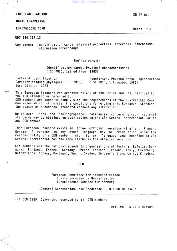 EN 27810:1989 - Identification cards - Physical characteristics (ISO 7810:1985, ed. 1)