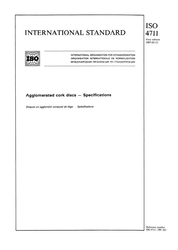 ISO 4711:1987 - Agglomerated cork discs — Specifications
