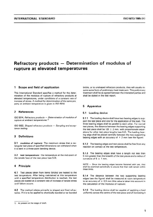 ISO 5013:1985 - Refractory products — Determination of modulus of rupture at elevated temperatures