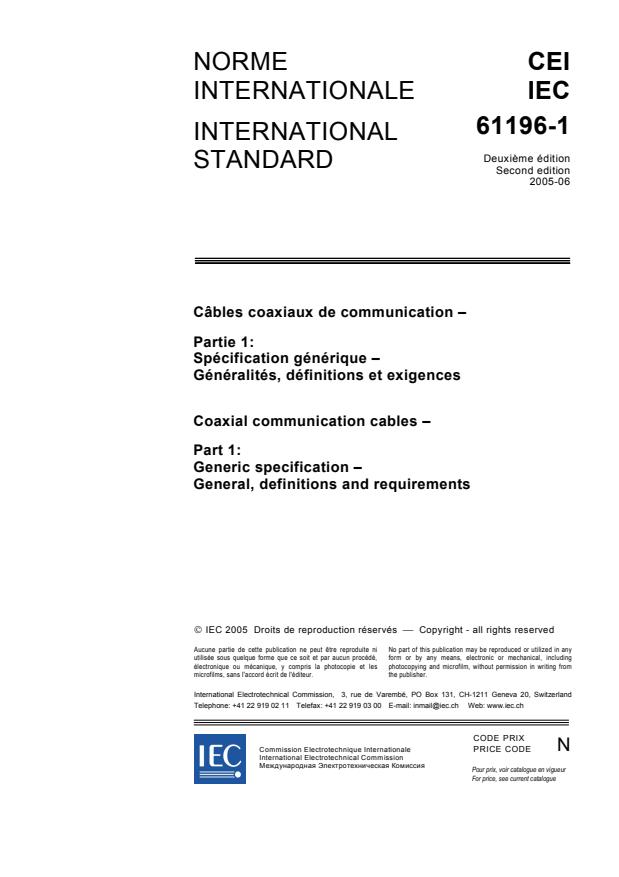 IEC 61196-1:2005 - Coaxial communication cables - Part 1: Generic specification - General,