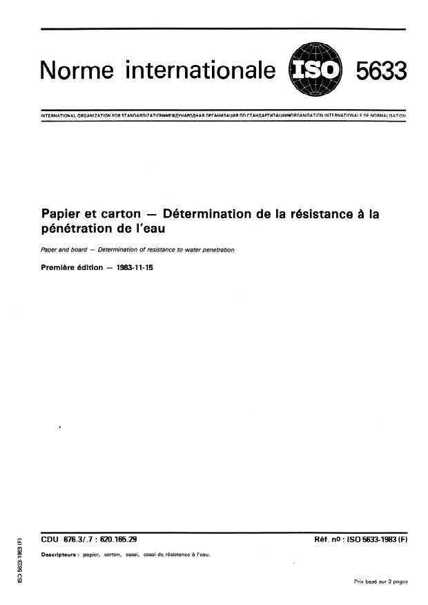 ISO 5633:1983 - Paper and board — Determination of resistance to water ...