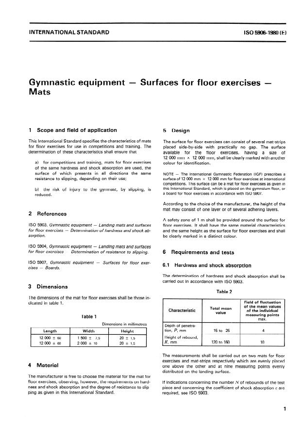 ISO 5906:1980 - Gymnastic equipment — Surfaces for floor exercices — Mats