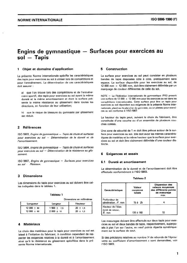 ISO 5906:1980 - Gymnastic equipment — Surfaces for floor exercices — Mats