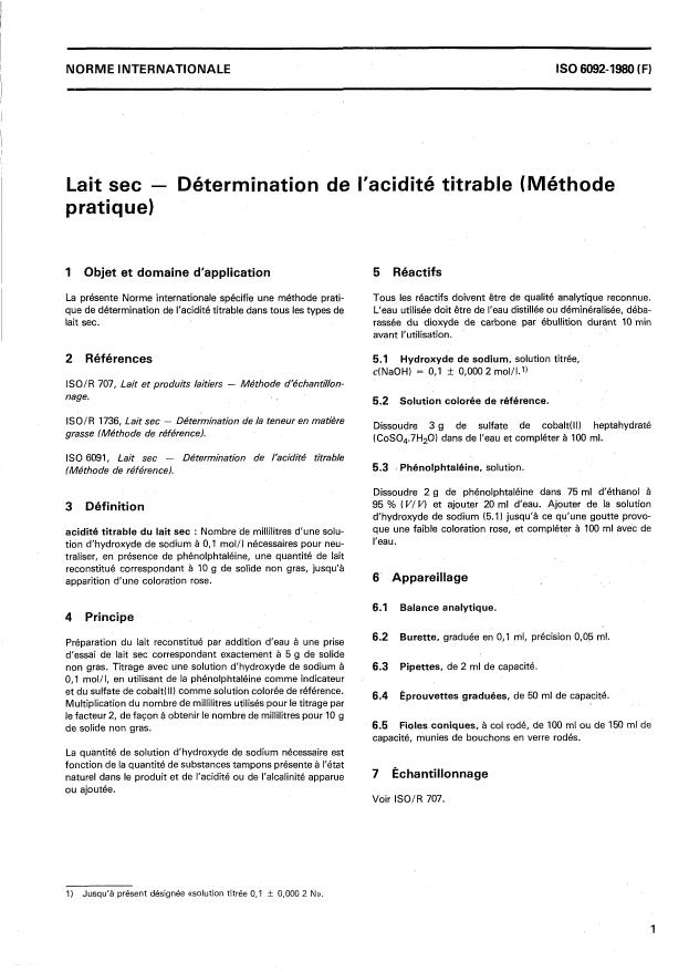 ISO 6092:1980 - Dried milk — Determination of titratable acidity (Routine method)