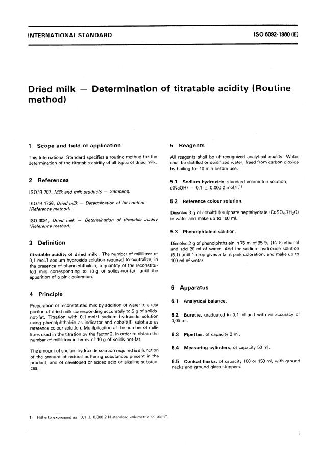 ISO 6092:1980 - Dried milk — Determination of titratable acidity (Routine method)