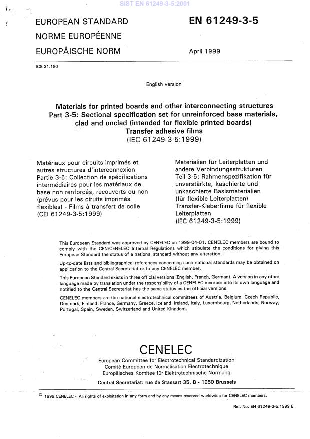 EN 61249-3-5:1999 - Materials for printed boards and other interconnecting structures - Part 3-5: