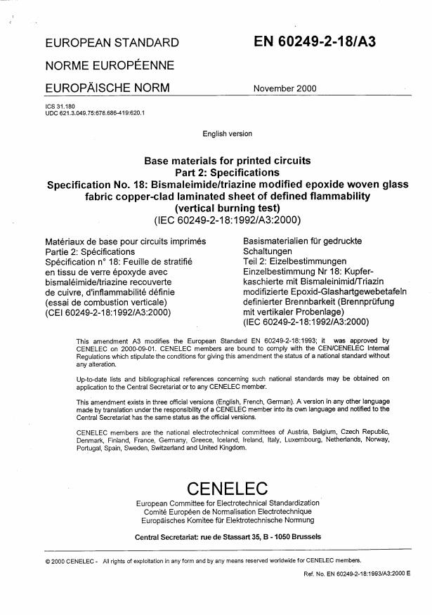 EN 60249-2-18:1993/A3:2000 - Base materials for printed circuits - Part ...