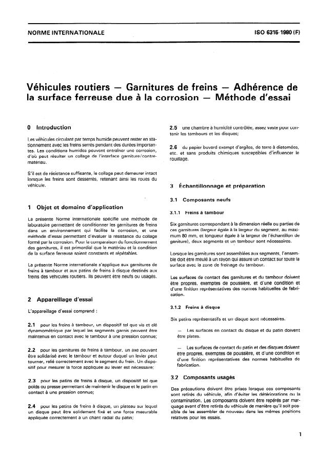 ISO 6315:1980 - Road vehicles — Brake linings — Seizure to ferrous mating surface due to corrosion