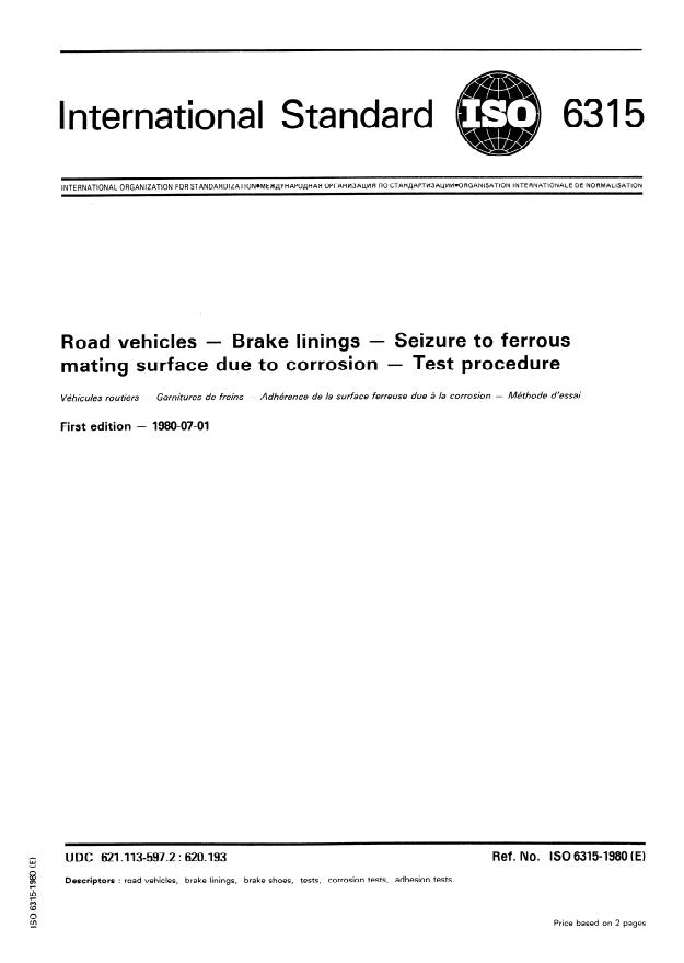 ISO 6315:1980 - Road vehicles — Brake linings — Seizure to ferrous mating surface due to corrosion