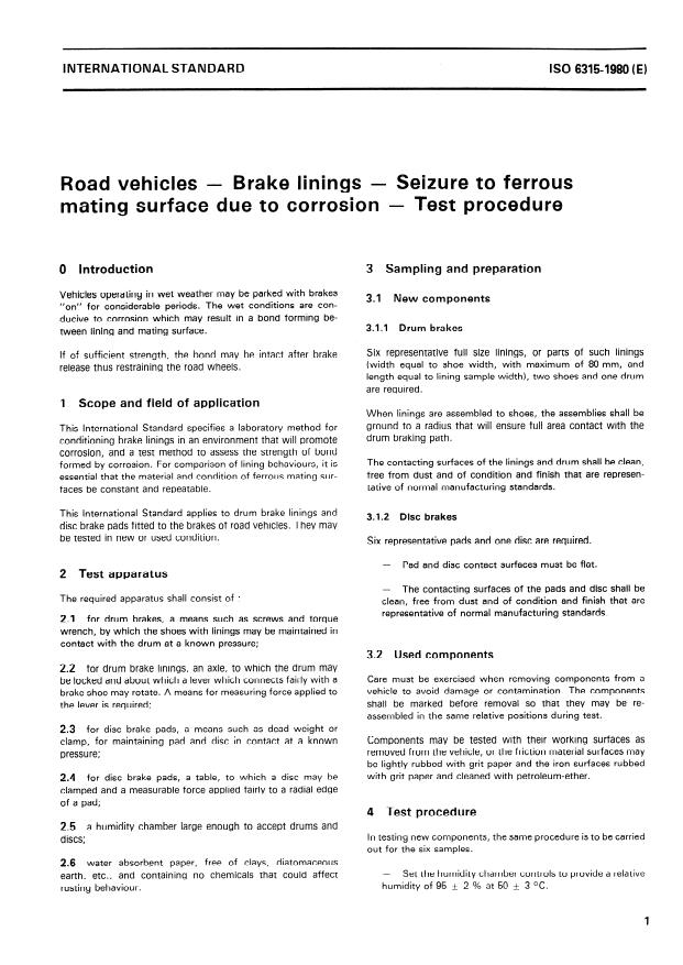 ISO 6315:1980 - Road vehicles — Brake linings — Seizure to ferrous mating surface due to corrosion