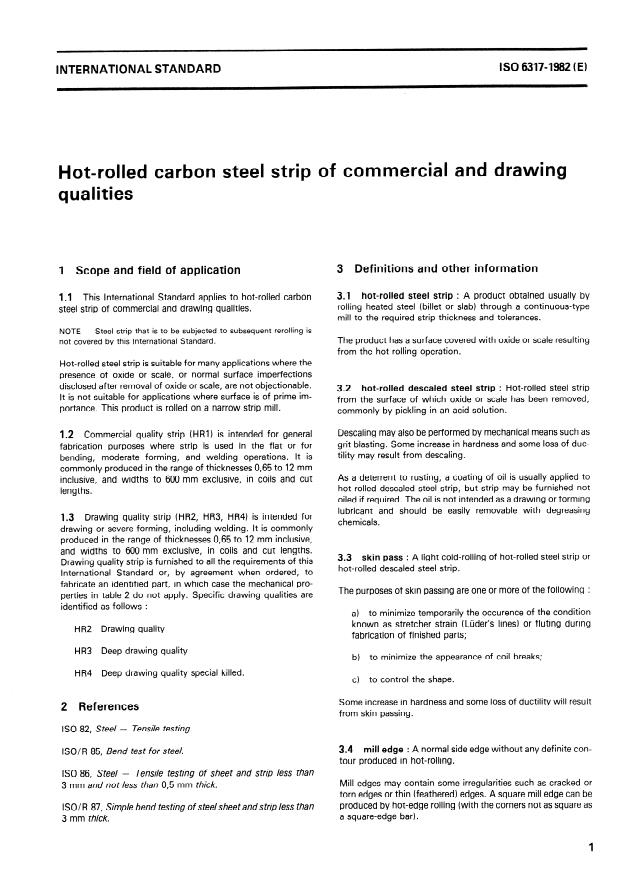 ISO 6317:1982 - Hot-rolled carbon steel strip of commercial and drawing qualities