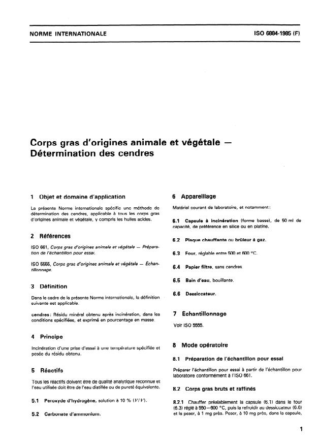 ISO 6884:1985 - Animal and vegetable fats and oils — Determination of ash