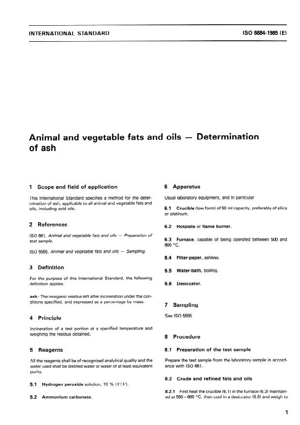 ISO 6884:1985 - Animal and vegetable fats and oils — Determination of ash