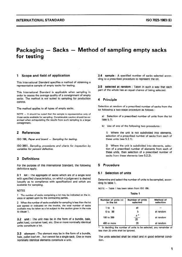 ISO 7023:1983 - Packaging — Sacks — Method of sampling empty sacks for ...