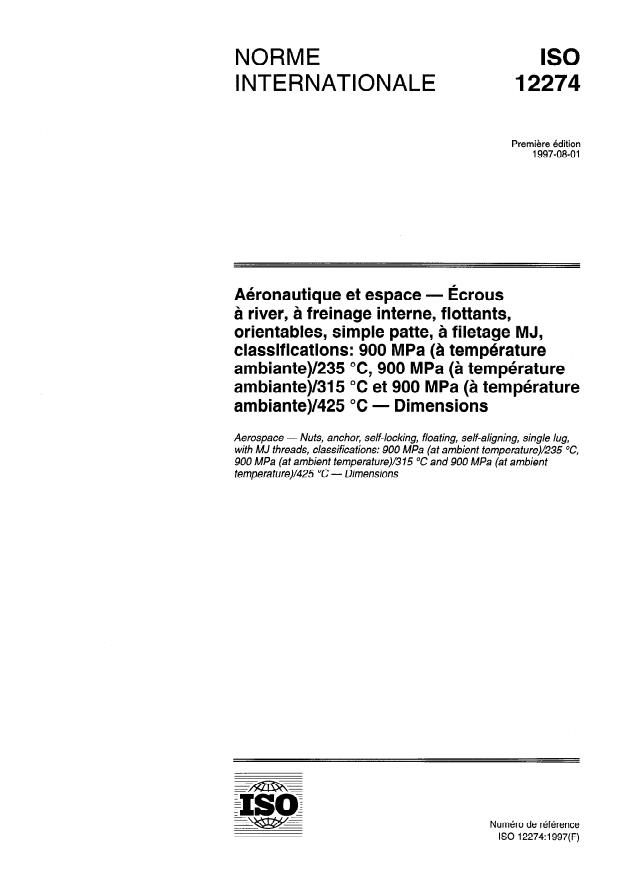ISO 12274:1997 - Aerospace — Nuts, anchor, self-locking, floating, self-aligning, single lug, with