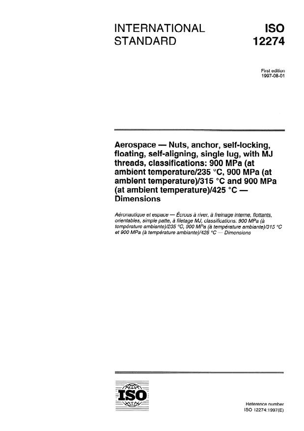 ISO 12274:1997 - Aerospace — Nuts, anchor, self-locking, floating, self-aligning, single lug, with
