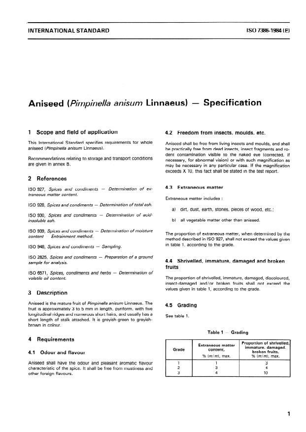ISO 7386:1984 - Aniseed (Pimpinella anisum Linnaeus) — Specification