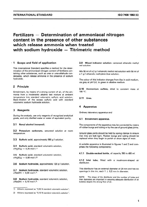 ISO 7408:1983 - Fertilizers — Determination of ammoniacal nitrogen content in the presence of other