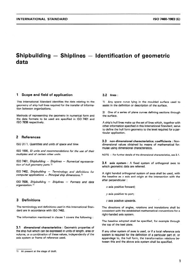 ISO 7460:1983 - Shipbuilding — Shiplines — Identification of geometric data