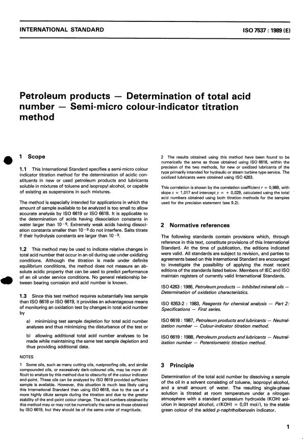 ISO 7537:1989 - Petroleum products — Determination of total acid number — Semi-micro
