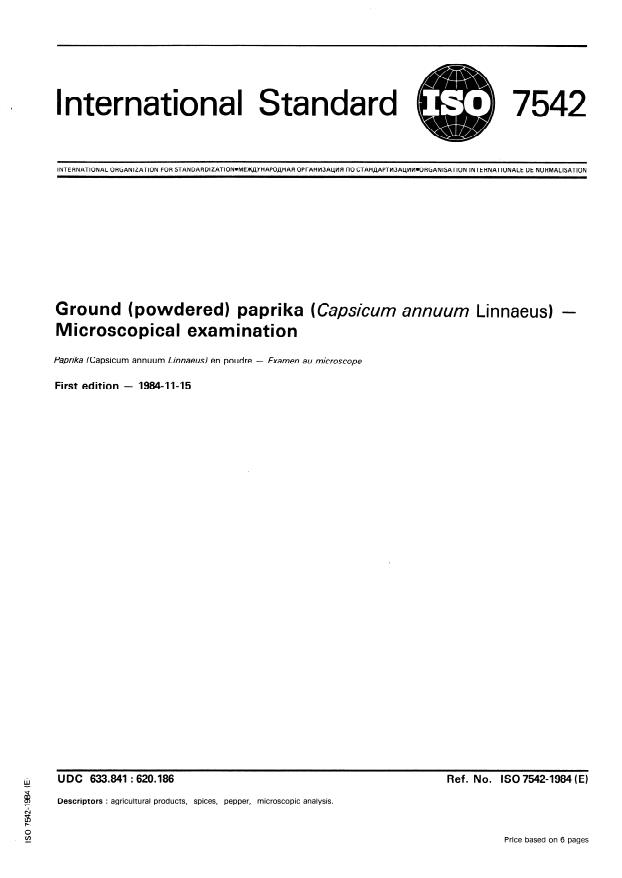 ISO 7542:1984 - Ground (powdered) paprika (Capsicum annuum Linnaeus) — Microscopical examination
