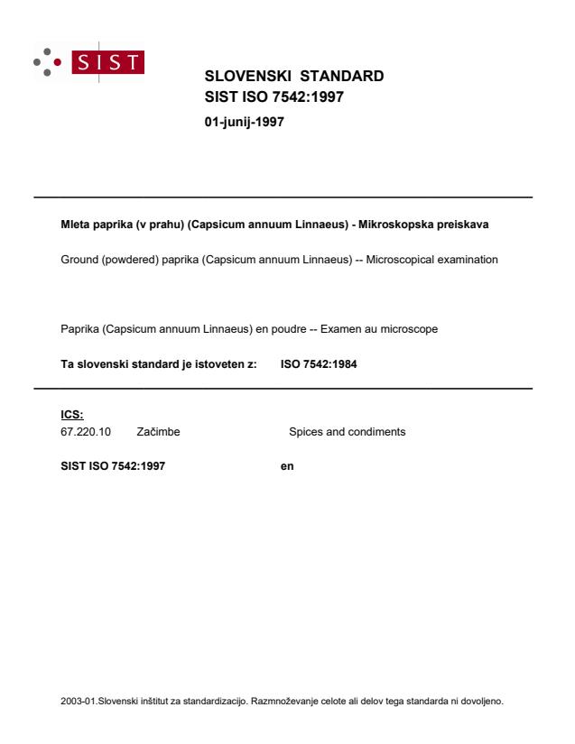 ISO 7542:1984 - Ground (powdered) paprika (Capsicum annuum Linnaeus) — Microscopical examination