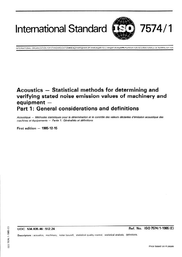 ISO 7574-1:1985 - Acoustics — Statistical methods for determining and ...