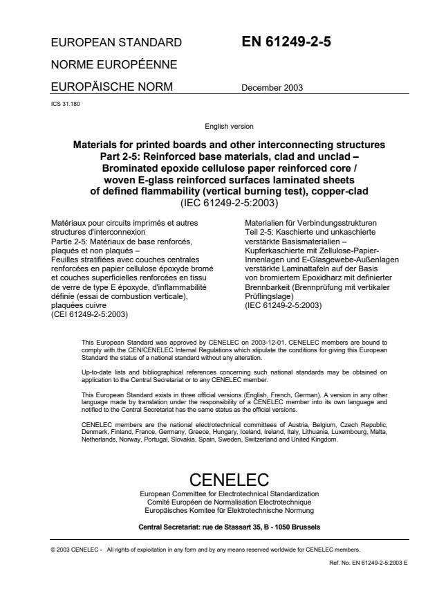 EN 61249-2-5:2003 - Materials for printed boards and other interconnecting structures - Part 2-5: