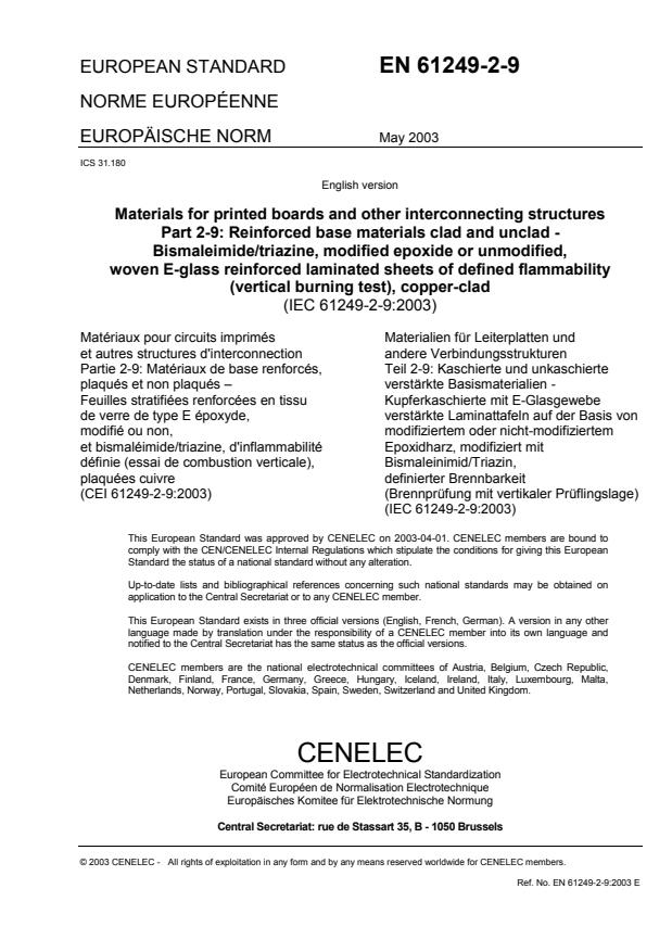 EN 61249-2-9:2003 - Materials for printed boards and other interconnecting structures - Part 2-9: