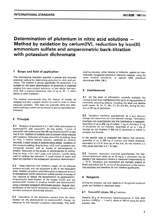 ISO 8298:1987 - Determination of plutonium in nitric acid solutions — Method by oxidation by