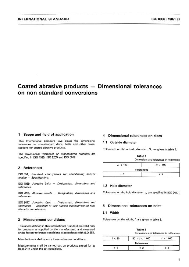 ISO 8366:1987 - Coated abrasive products — Dimensional tolerances on non-standard conversions