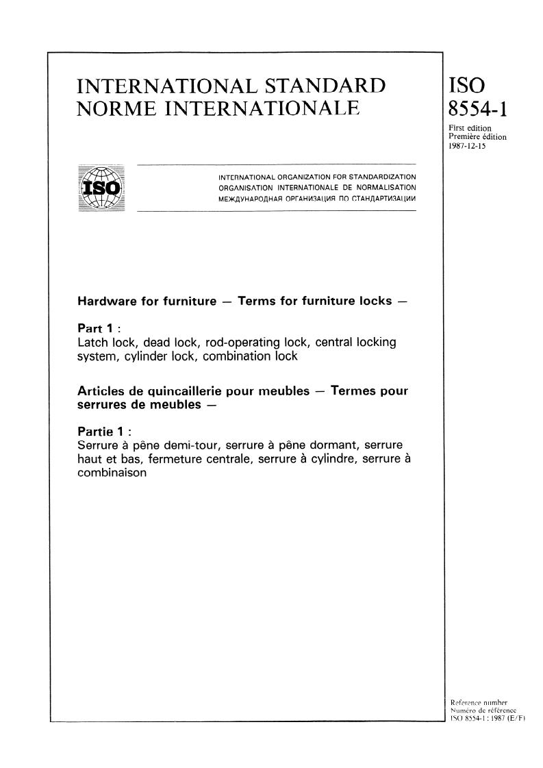 ISO 8554-1:1987 - Hardware for furniture — Terms for furniture locks — Part 1: Latch lock, dead