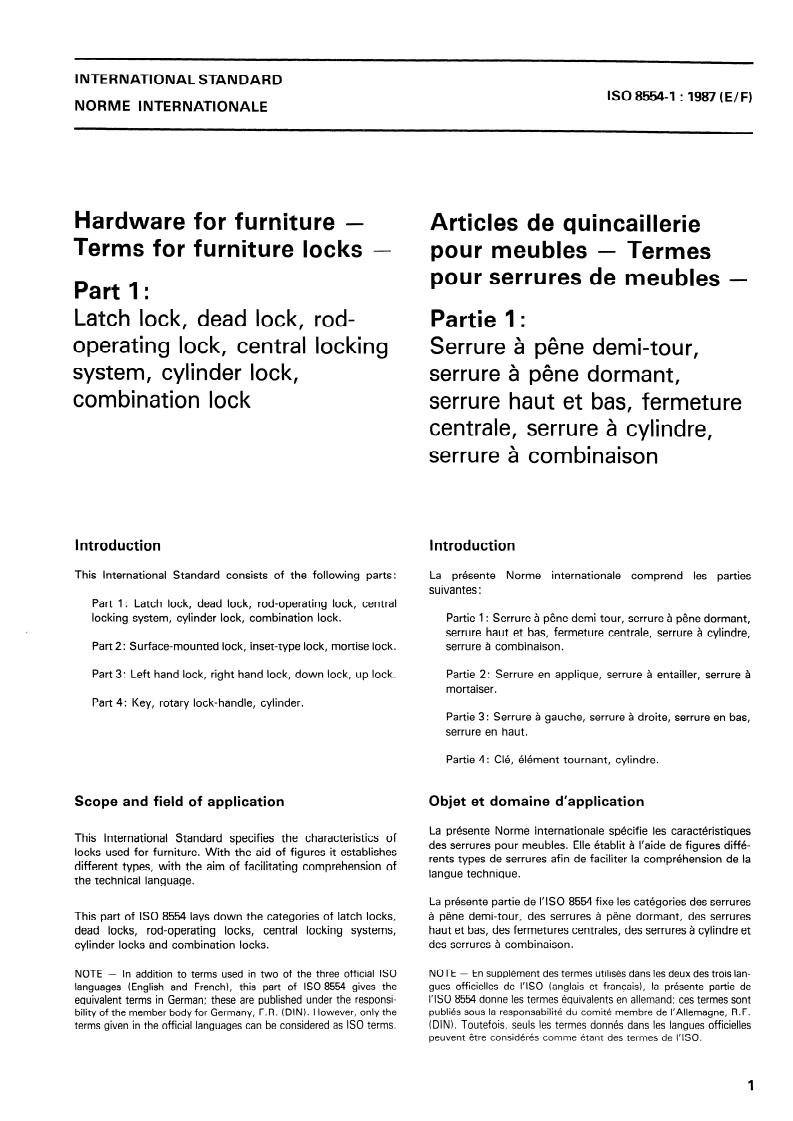ISO 8554-1:1987 - Hardware for furniture — Terms for furniture locks — Part 1: Latch lock, dead