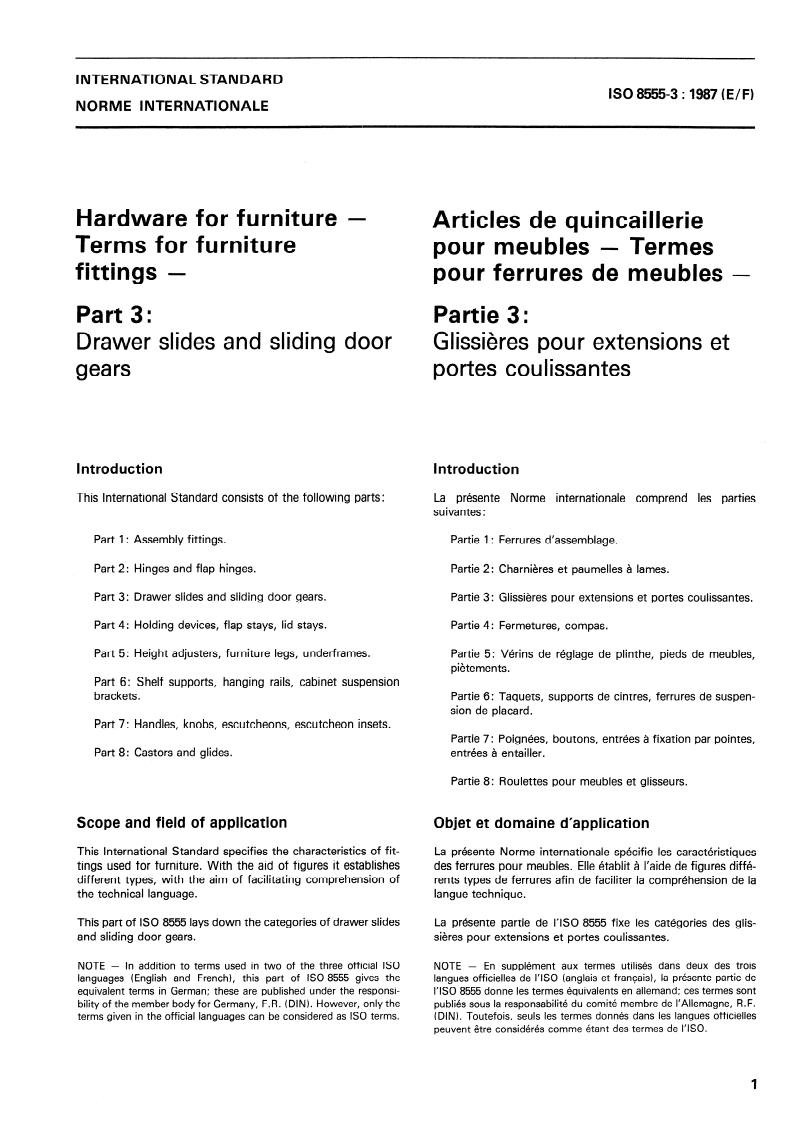ISO 8555-3:1987 - Hardware for furniture — Terms for furniture fittings — Part 3: Drawer slides and