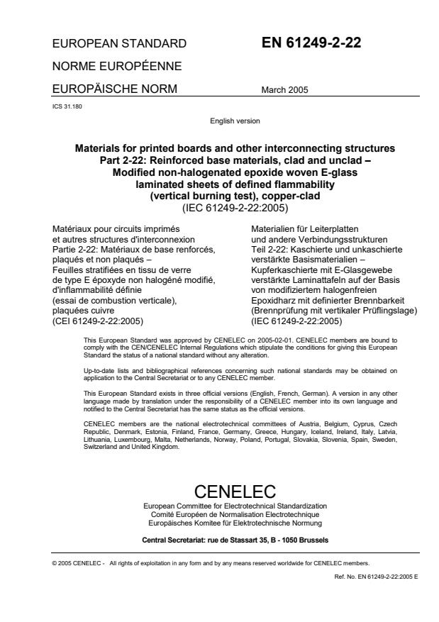EN 61249-2-22:2005 - Materials for printed boards and other interconnecting structures - Part 2-22: