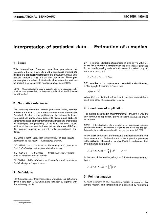 ISO 8595:1989 - Interpretation of statistical data — Estimation of a median