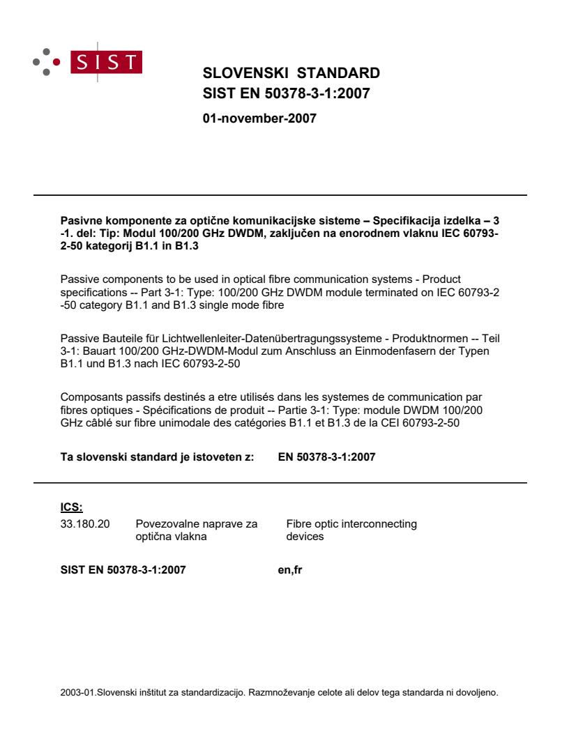 EN 50378-3-1:2007 - Passive components to be used in optical fibre ...