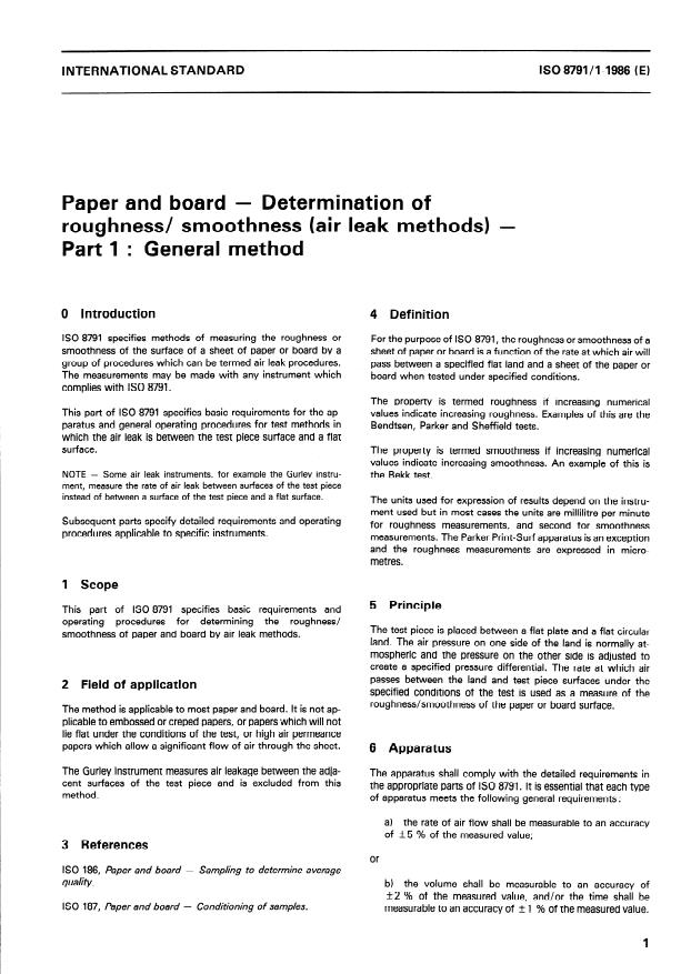 ISO 8791-1:1986 - Paper and board — Determination of roughness/smoothness (air leak methods) — Part