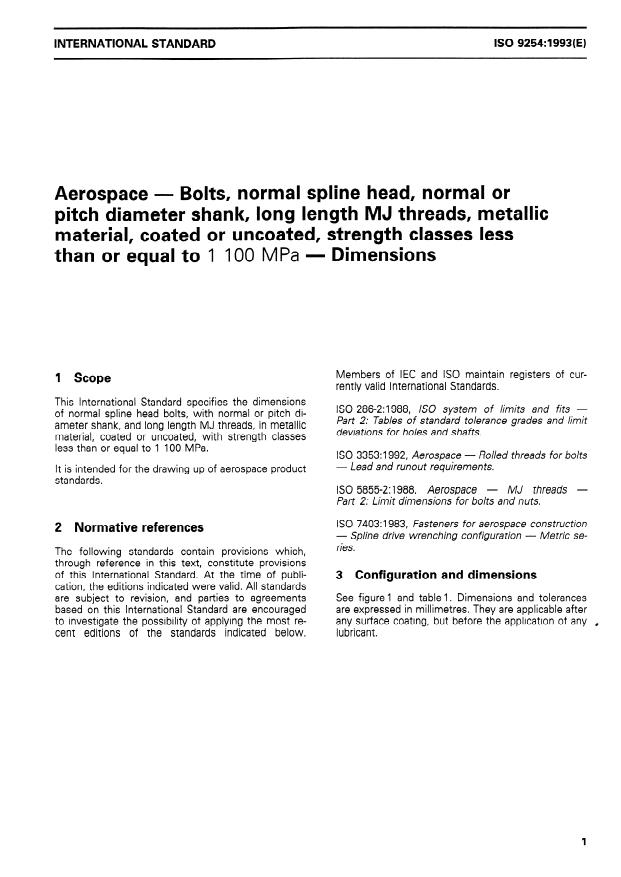 ISO 9254:1993 - Aerospace — Bolt, normal spline head, normal or pitch diameter shank, long length MJ
