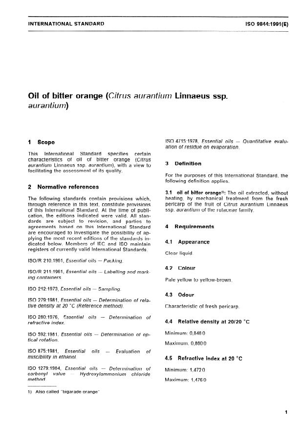ISO 9844:1991 - Oil of bitter orange (Citrus aurantium Linnaeus ssp. aurantium)