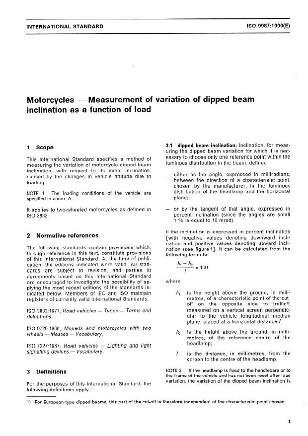 ISO 9987:1990 - Motorcycles — Measurement of variation of dipped beam inclination as a function of