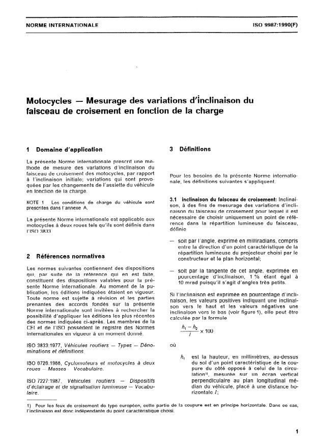 ISO 9987:1990 - Motorcycles — Measurement of variation of dipped beam inclination as a function of