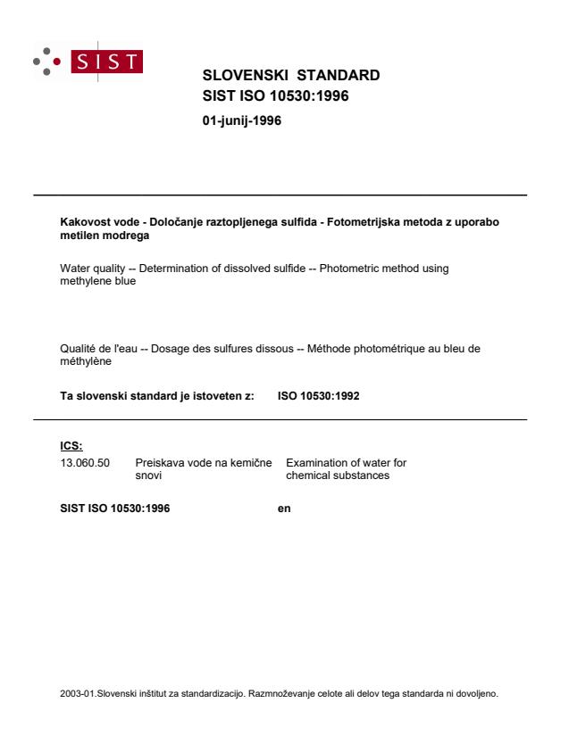 ISO 10530:1992 - Water quality — Determination of dissolved sulfide — Photometric method using