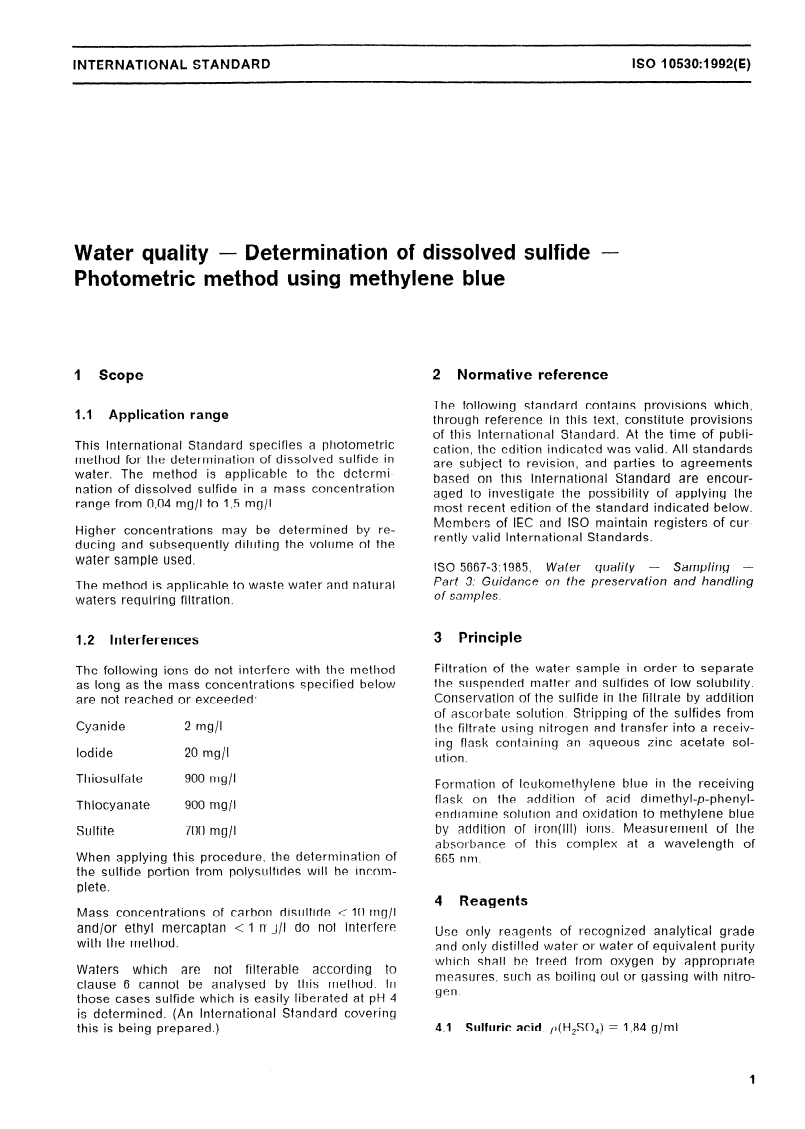 ISO 10530:1992 - Water quality — Determination of dissolved sulfide — Photometric method using
