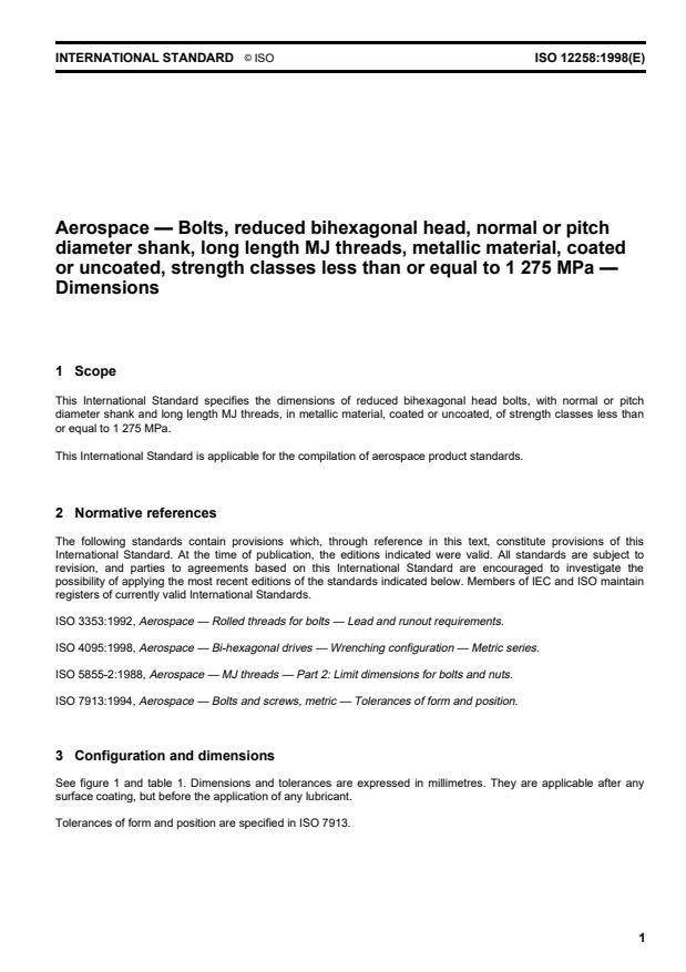 ISO 12258:1998 - Aerospace — Bolts, reduced bihexagonal head, normal or ...