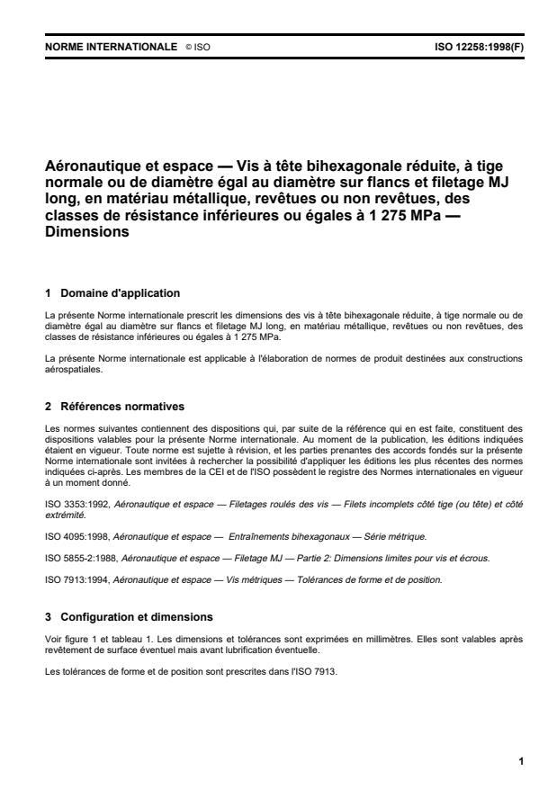 ISO 12258:1998 - Aerospace — Bolts, reduced bihexagonal head, normal or ...