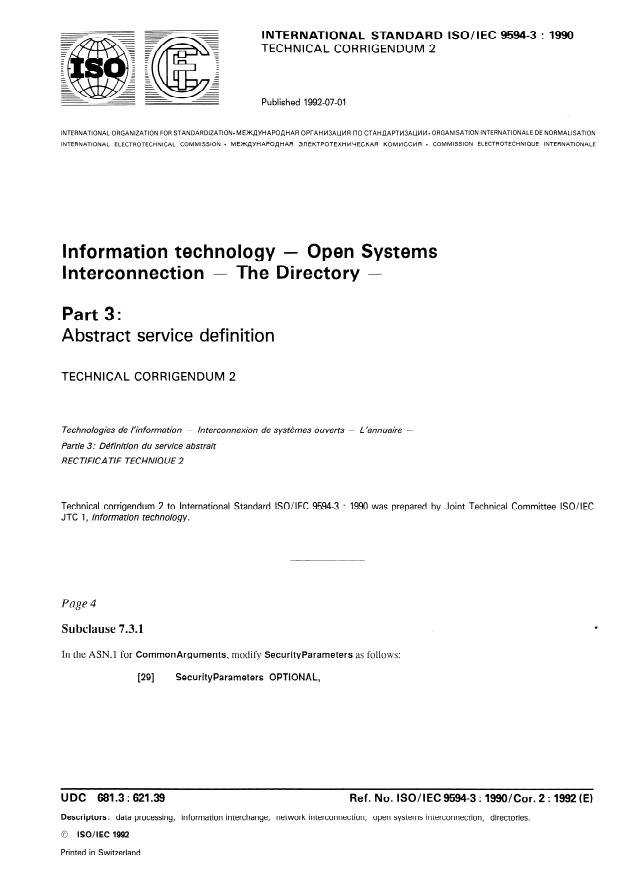 ISO/IEC 9594-3:1990/Cor 2:1992 - Information technology — Open Systems Interconnection — The